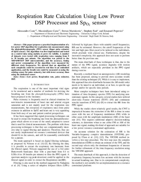 (PDF) Respiration rate calculation using low power DSP processor and SpO 2 sensor