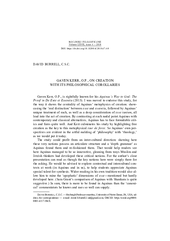 (PDF) Gaven Kerr, O.P., On Creation with Its Philosophical Corollaries
