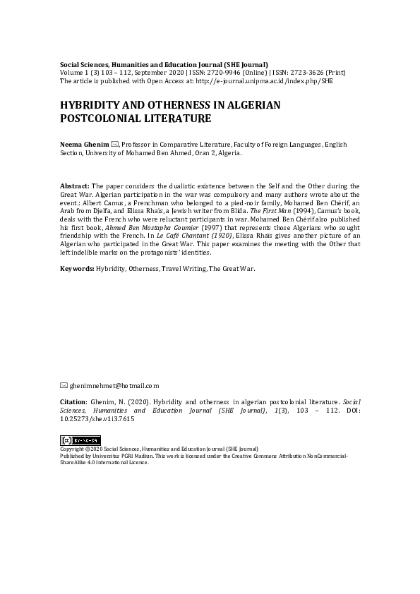 (PDF) Hybridity and Otherness in Algerian Postcolonial Literature