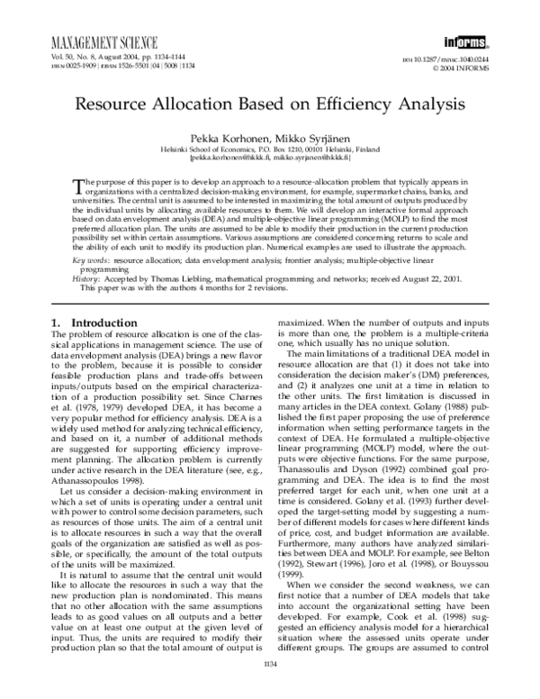 (PDF) Resource Allocation Based on Efficiency Analysis