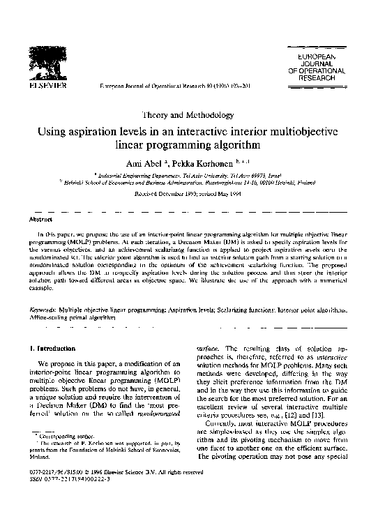 Pdf Aspiration Levels In Multiobjective Linear Programming
