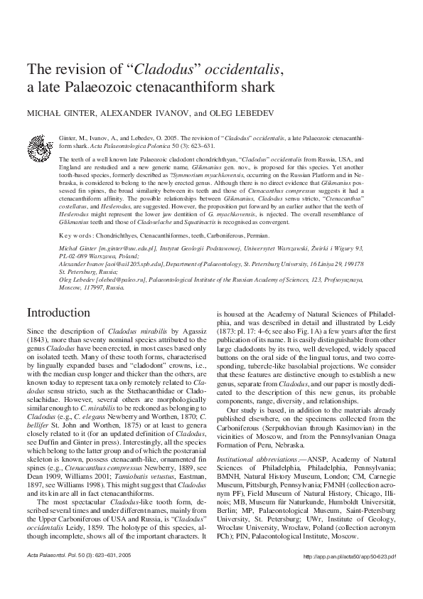 (PDF) The revision of" Cladodus" occidentalis, a late Palaeozoic ...