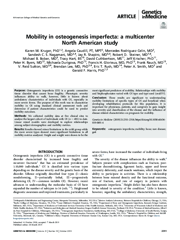 (PDF) Mobility in osteogenesis imperfecta: a multicenter North American ...