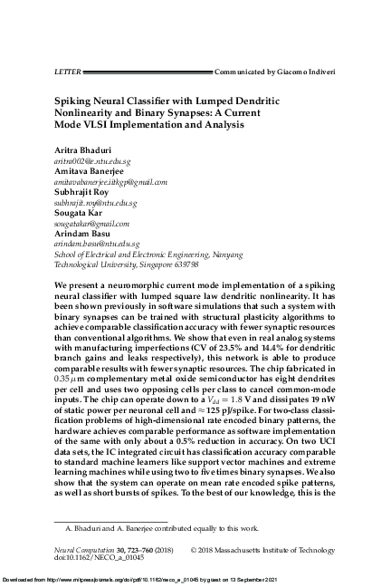 (PDF) Spiking Neural Classifier with Lumped Dendritic Nonlinearity and Binary Synapses: A ...