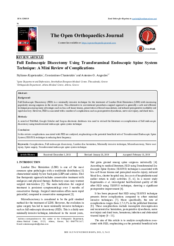 (PDF) Full Endoscopic Discectomy Using Transforaminal Endoscopic Spine ...