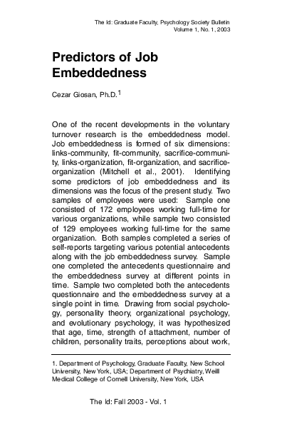 (PDF) Predictors of Job Embeddedness
