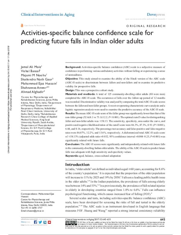 (PDF) Activities-specific balance confidence scale for predicting future falls in Indian older ...