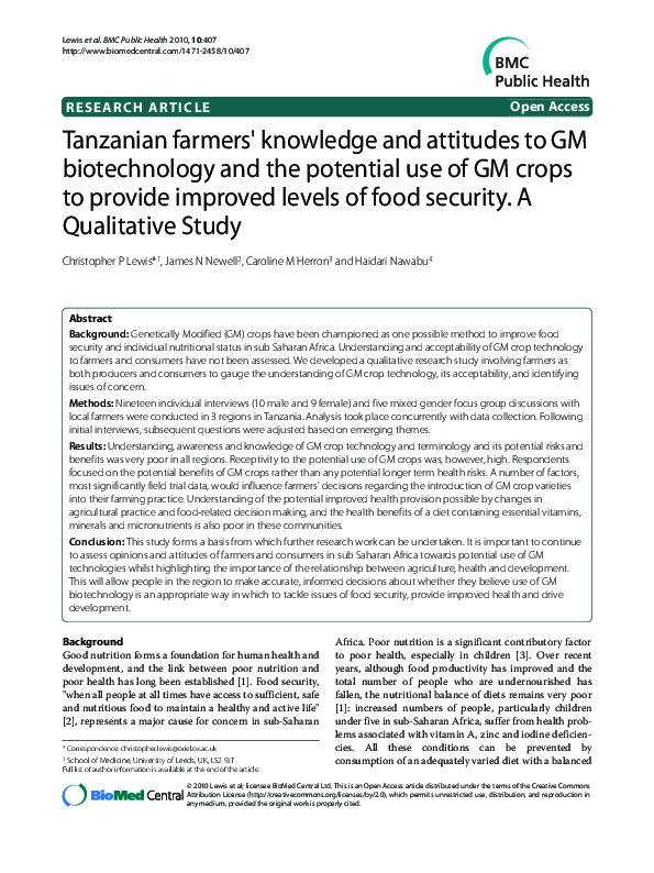 (PDF) Tanzanian farmers' knowledge and attitudes to GM biotechnology and the potential use of GM ...