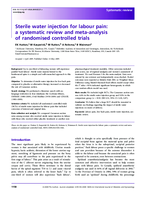 (PDF) Sterile water injection for labour pain: a systematic review and ...