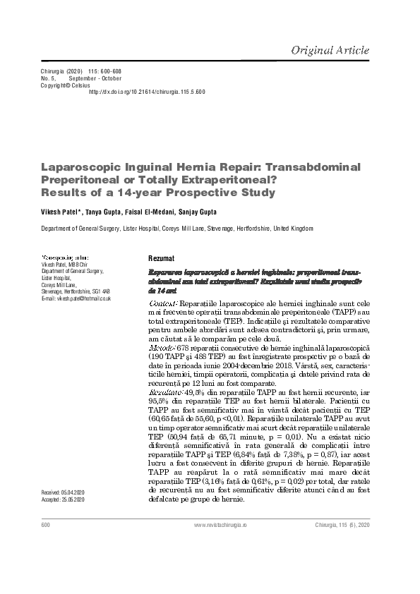 (PDF) Laparoscopic Inguinal Hernia Repair: Transabdominal Preperitoneal or Totally ...