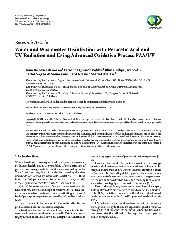 (PDF) Water and Wastewater Disinfection with Peracetic Acid and UV ...