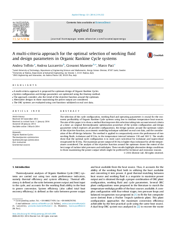 (PDF) A multi-criteria approach for the optimal selection of working fluid and design parameters ...