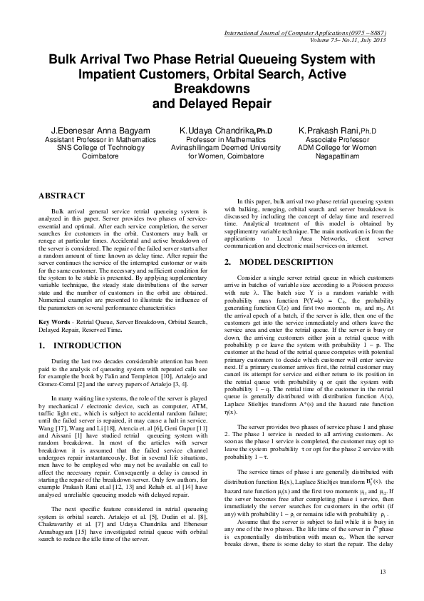 (PDF) Bulk Arrival Two Phase Retrial Queueing System with Impatient Customers, Orbital Search ...