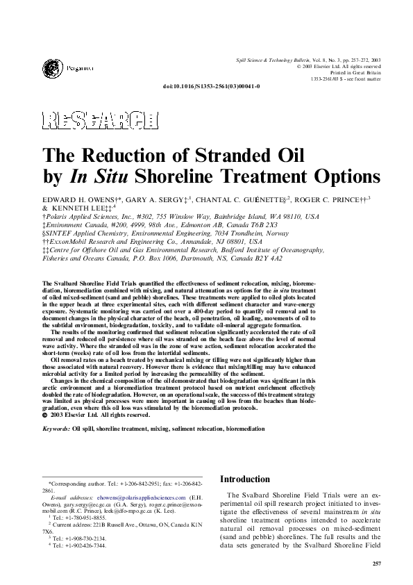 (PDF) The Reduction of Stranded Oil by In Situ Shoreline Treatment Options