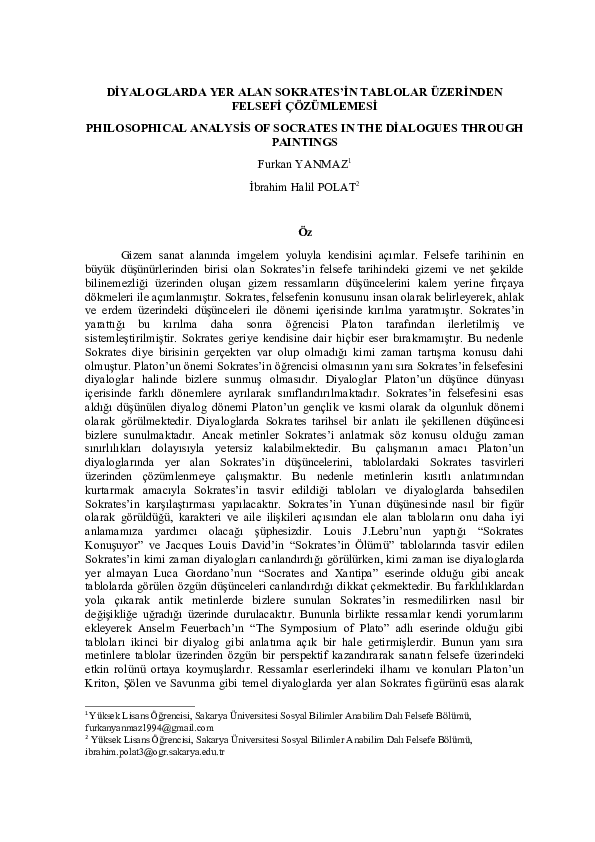 (DOC) DİYALOGLARDA YER ALAN SOKRATES’İN TABLOLAR ÜZERİNDEN FELSEFİ ...