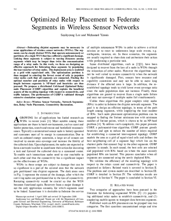 (PDF) Optimized Relay Placement to Federate Segments in Wireless Sensor Networks