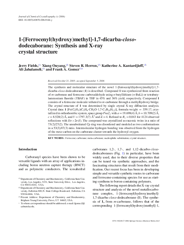 (PDF) 1-[Ferrocenyl(hydroxy)methyl]-1,7-dicarba -closo -dodecaborane ...