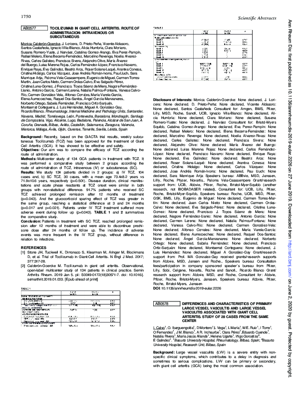 (PDF) AB0577 TOCILIZUMAB in Giant Cell Arteritis. Route of ...