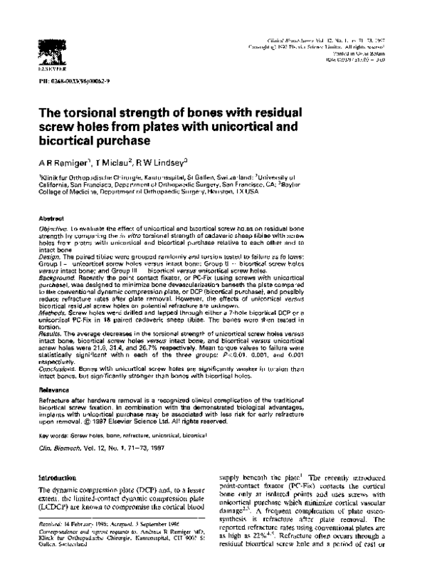 (PDF) The torsional strength of bones with residual screw holes from ...