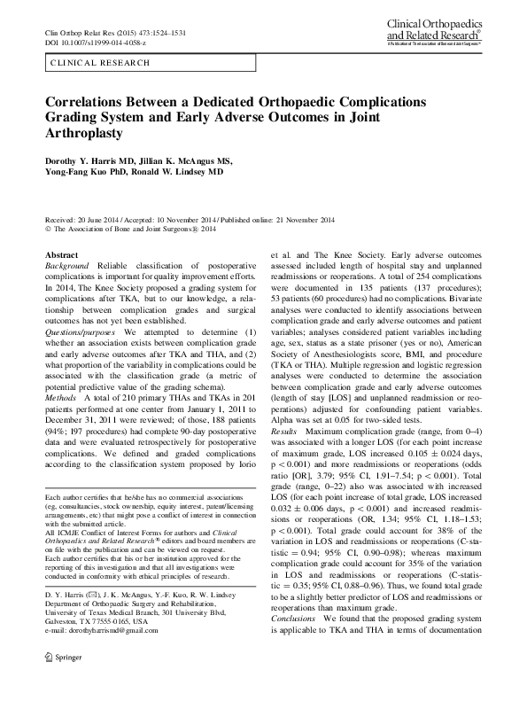 (PDF) Correlations Between a Dedicated Orthopaedic Complications ...