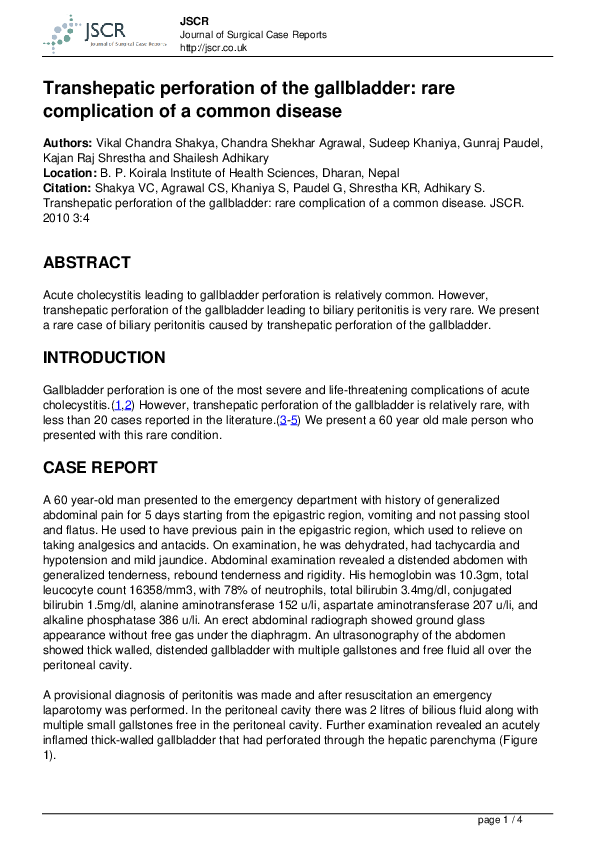 (PDF) Transhepatic Perforation of the Gallbladder: Rare Complication of a Common Disease