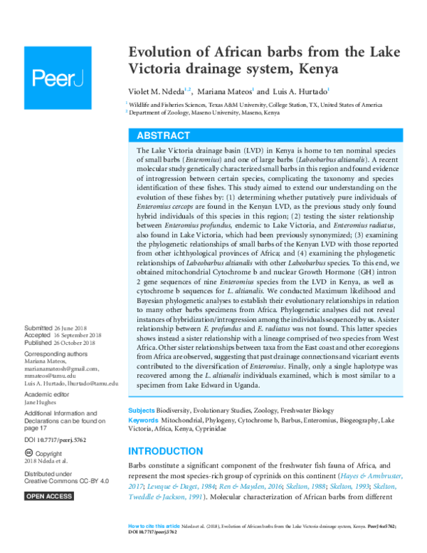 (PDF) Evolution of African barbs from the Lake Victoria drainage system ...