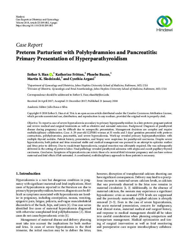 (PDF) Preterm Parturient with Polyhydramnios and Pancreatitis: Primary ...