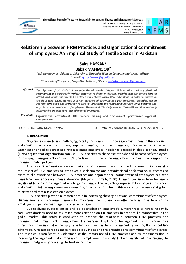 Pdf Relationship Between Hrm Practices And Organizational Commitment Of Employees An