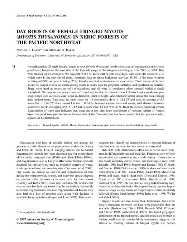 (PDF) Day Roosts of Female Fringed Myotis (Myotis thysanodes) in Xeric ...
