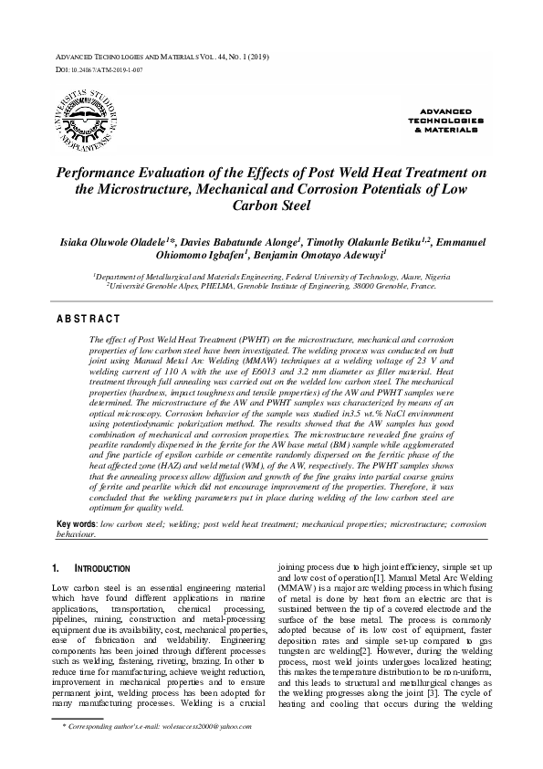 (PDF) Performance Evaluation of the Effects of Post Weld Heat Treatment on the Microstructure ...