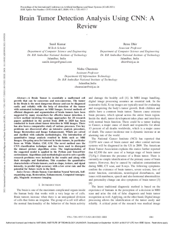 (PDF) Brain Tumor Detection Analysis Using CNN: A Review