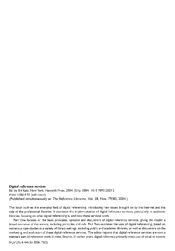 (PDF) Digital reference services, ed. by Bill Katz