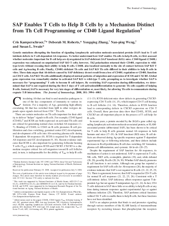 (PDF) SAP Enables T Cells to Help B Cells by a Mechanism Distinct from ...