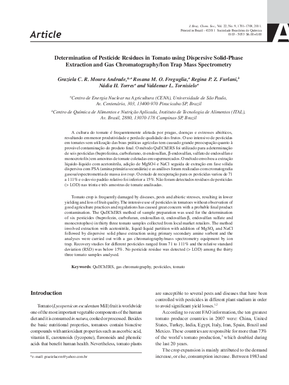 (PDF) Determination of pesticide residues in tomato using dispersive solid-phase extraction and ...