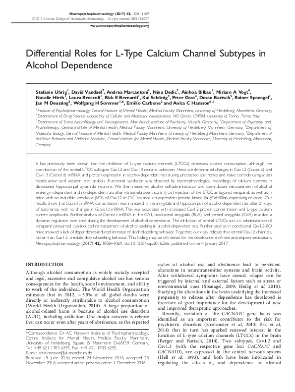 (PDF) Differential Roles for L-Type Calcium Channel Subtypes in Alcohol ...