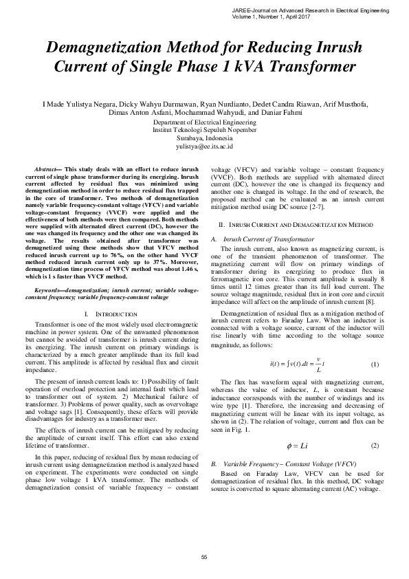 (PDF) Demagnetization Method for Reducing Inrush Current of Single Phase 1 kVA Transformer