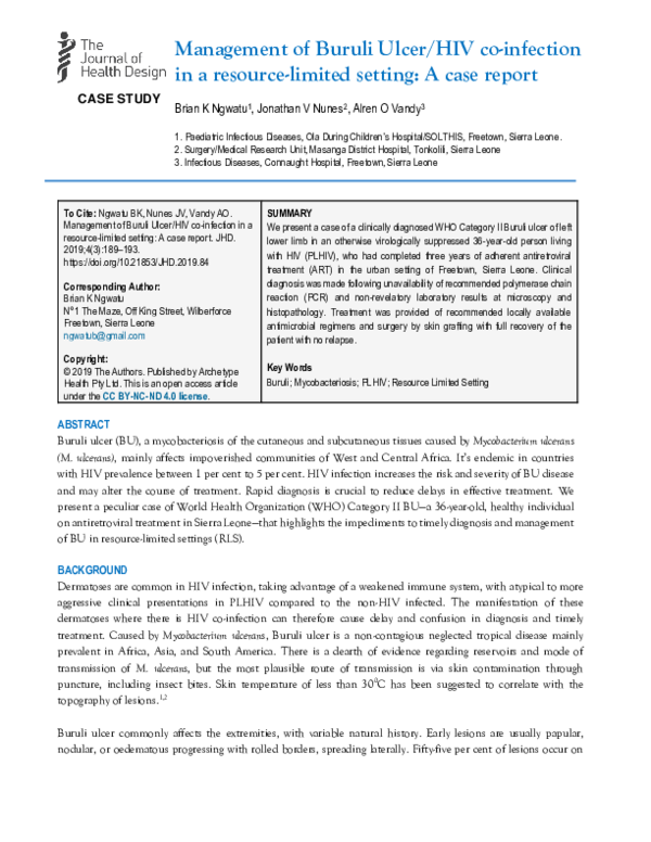 (PDF) Management of Buruli Ulcer/HIV co-infection in a Resource Limited Setting: A Case Report