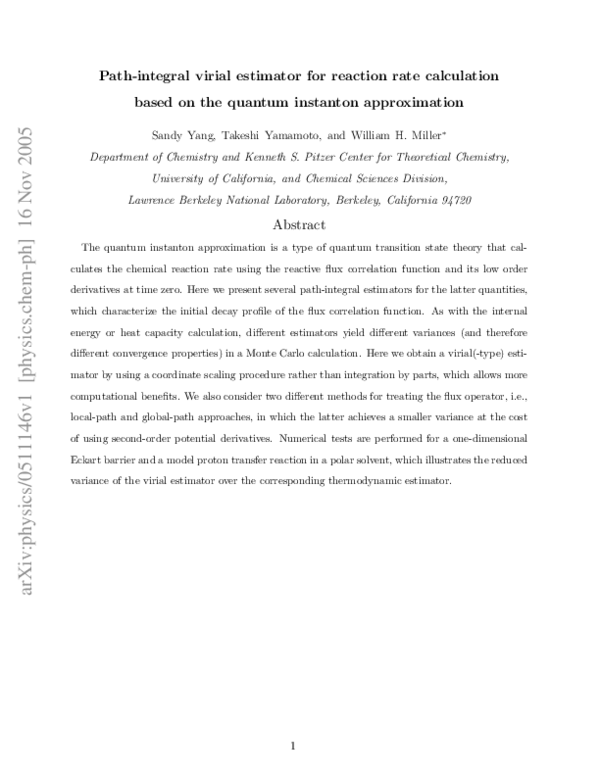 (PDF) Path-integral virial estimator for reaction-rate calculation based on the quantum ...