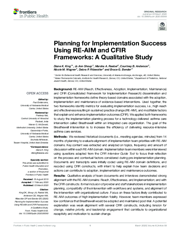 (PDF) Planning for Implementation Success Using RE-AIM and CFIR Frameworks: A Qualitative Study