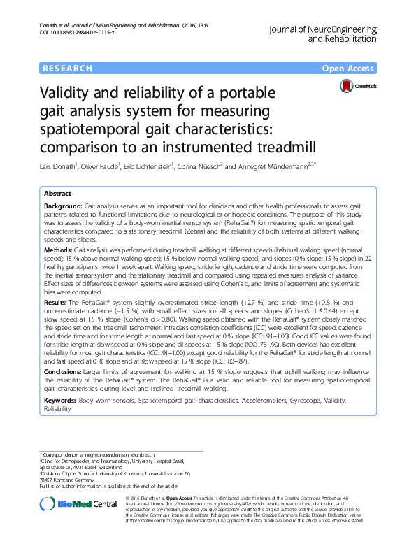Pdf Validity And Reliability Of A Portable Gait Analysis System For Measuring Spatiotemporal