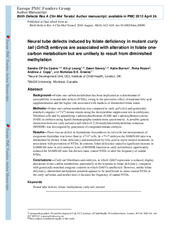 (PDF) Neural tube defects induced by folate deficiency in mutant curly ...