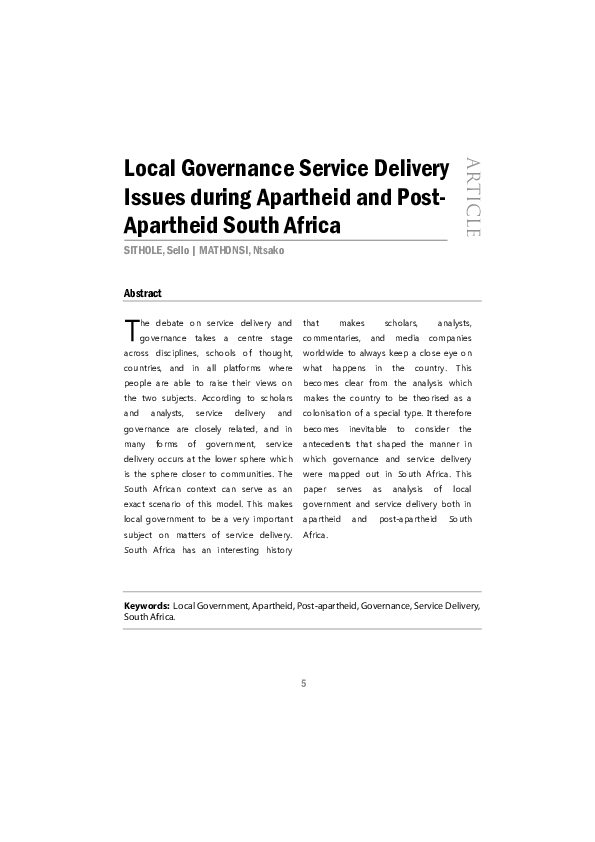 (PDF) Local Governance Service Delivery Issues during Apartheid and ...