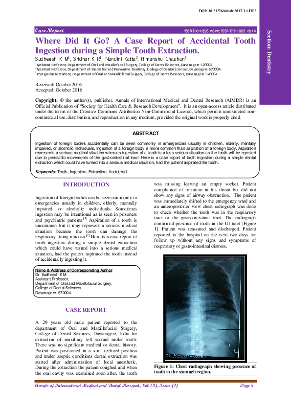 (PDF) Where Did It Go? A Case Report of Accidental Tooth Ingestion ...