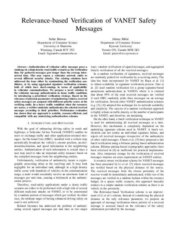 (PDF) Relevance-based verification of VANET safety messages