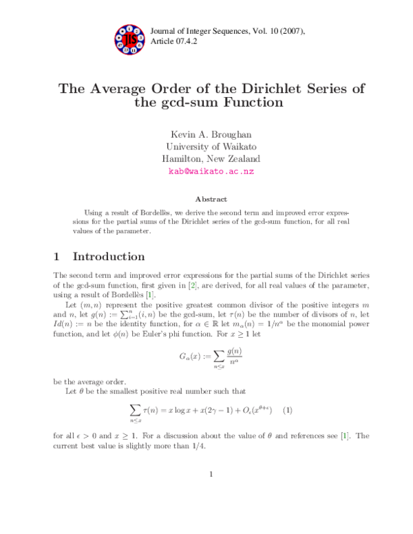 Pdf The Average Order Of The Dirichlet Series Of The Gcd Sum Function
