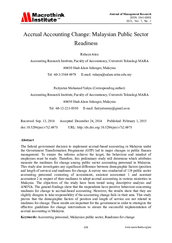 (PDF) Accrual Accounting Change: Malaysian Public Sector Readiness (PDF) Accrual Accounting Change: Malaysian Public Sector Readiness
