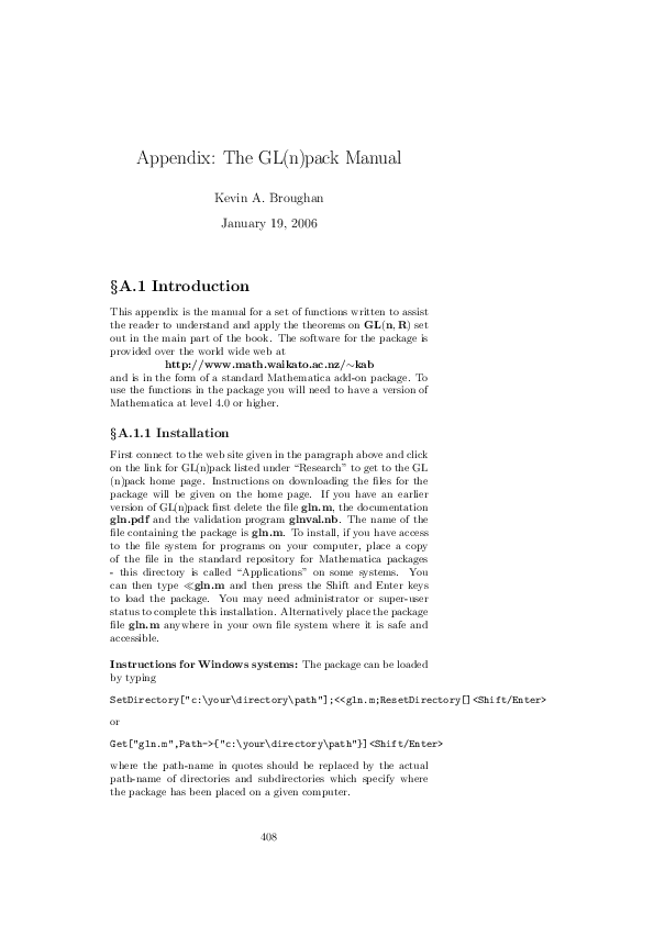 (PDF) Appendix: The GL(n)pack Manual | Kevin A Broughan - Academia.edu