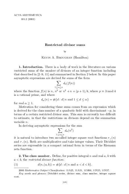 (PDF) Restricted divisor sums