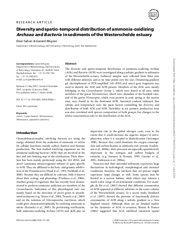 (PDF) Diversity and spatio‐temporal distribution of ammonia‐oxidizing Archaea and Bacteria in ...