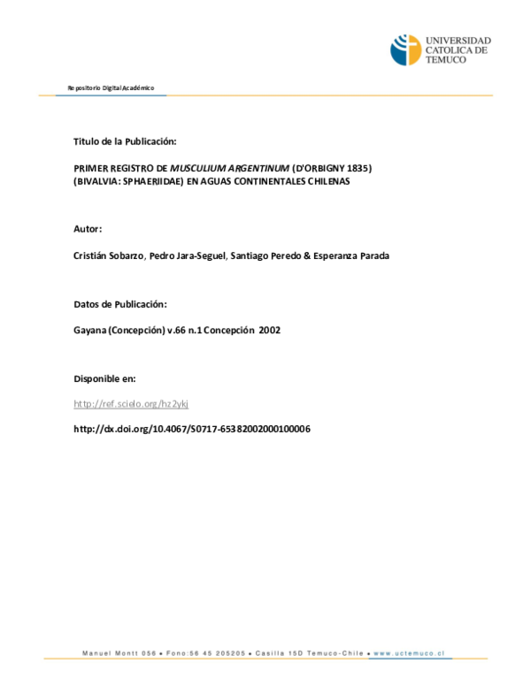 (PDF) Primer Registro De Musculium Argentinum (D'Orbigny 1835 ...